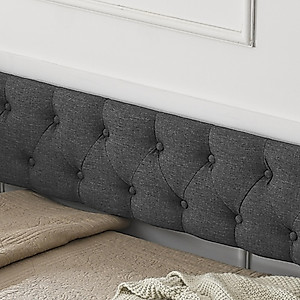 Linuque Upholstered Full Size Daybed with 2 Storage Drawers, Solid Wood Sofa Bed Frame with Button Tufted Backrest and Waved Shape Armrests with Copper Nail, Dark Grey