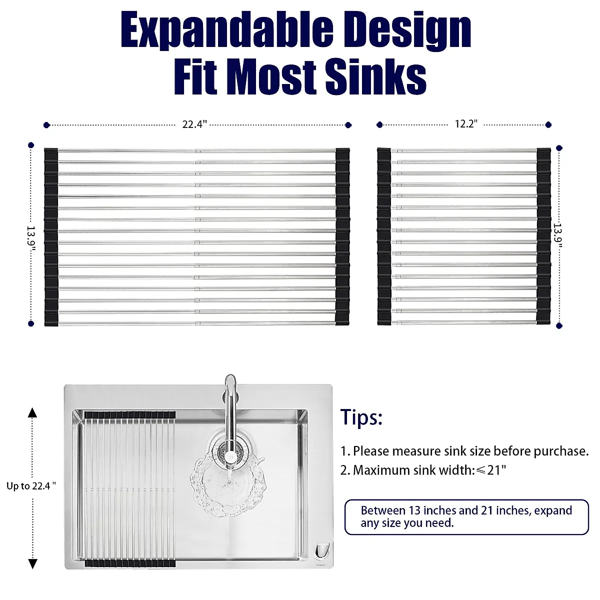 CLNGAI Roll Up Dish Drying Rack, Expandable Over The Sink Dish Drainer,Stainless Steel Kitchen Rolling Sink Rack Space Saving Sink Mat, Length Up to 22.3" (Black, Expandable)