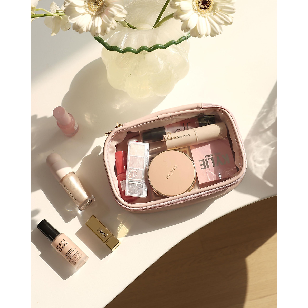 Pocmimut Makeup Bag,PU Leather Clear Makeup Bag Travel Makeup Bag Car Essentials for Women,Travel Essentials Cosmetic Bag Organizers(Beige)