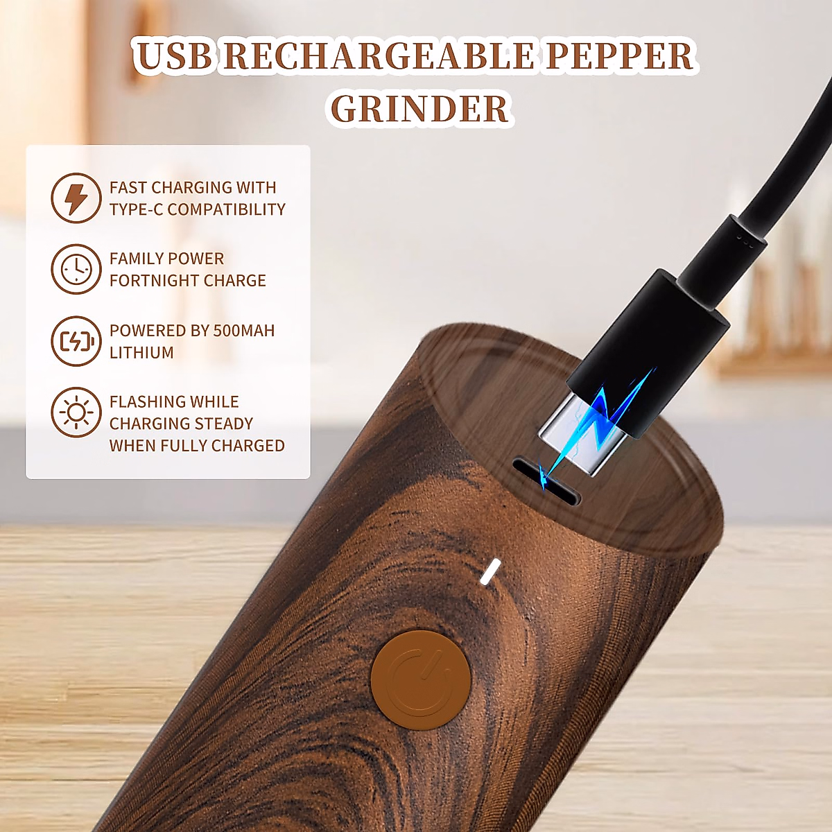 Electric Salt and Pepper Grinder Set - Automatic Pepper and Salt Grinder Refillable with 6 Adjustable Coarseness Adjustable Ceramic Core with LED Light Rechargeable Pepper Grinder-2 Pack Wood Grain