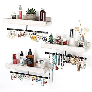 Miratino Jewelry Organizer Hanging Jewelry Holder Rustic Wood Wall Mounted Jewelry Storage for Necklaces Bracelets Earrings Rings Display Set of 3 Vintage White