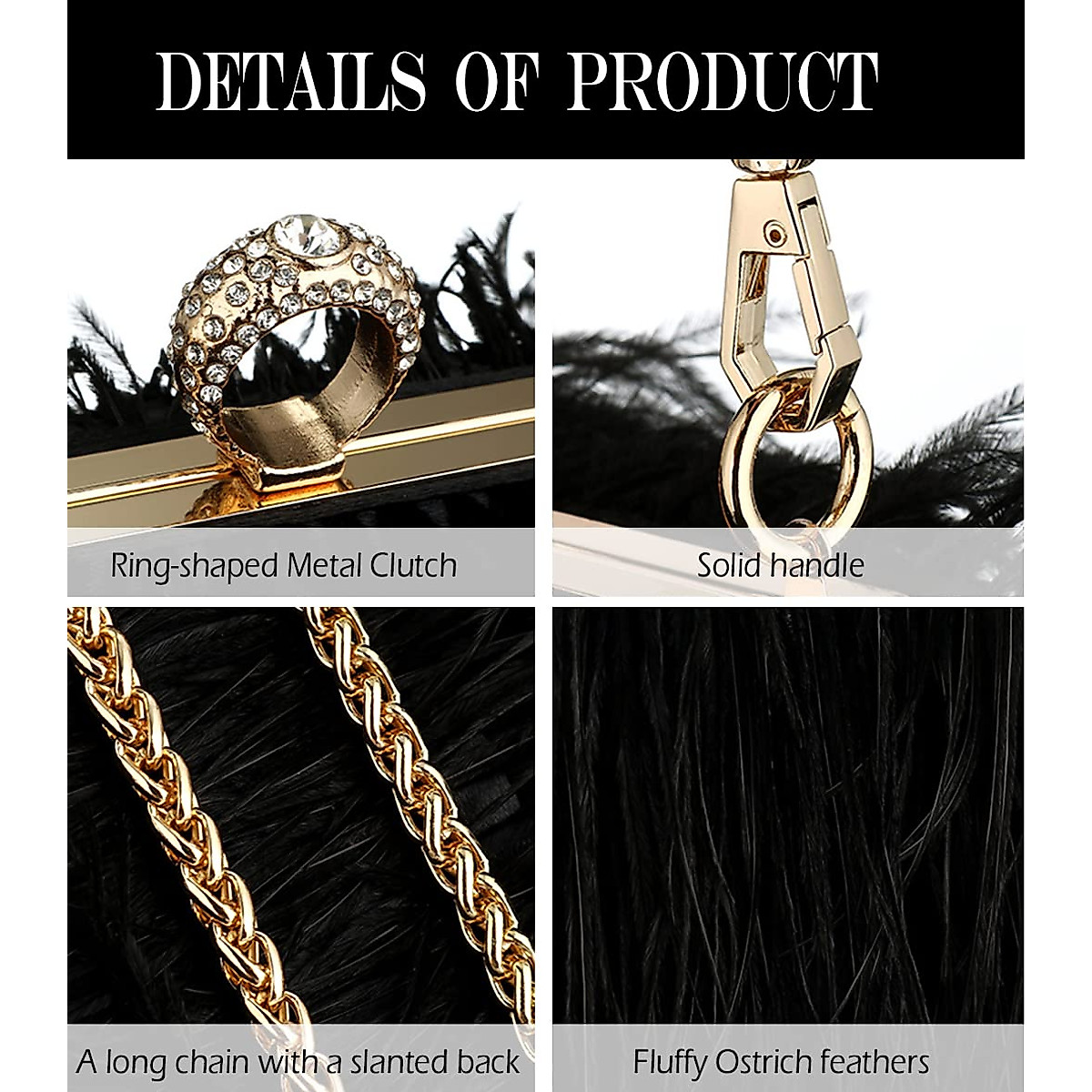 Zakia Real Natural Ostrich Feather Evening Clutch Shoulder Bag Party Bag (A-Black)