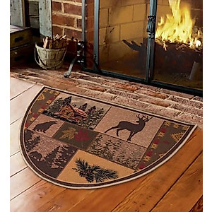 Cozy Floor Mats Fireplace Hearth Rug, Nature Cottage Bear Deer Elk, 26"x 39" Brown Beige Green Red, Half Circle, Fire Heat Resistant Mat, Half Moon Shape, Non Slip Kitchen Rug, Cabin Lodge 2'2"x 3'3"