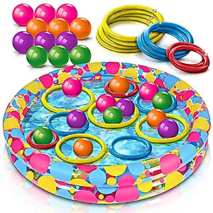 Gamie Floating Ring Toss Game for Kids, Outdoor Carnival Game Set with Inflatable Pool, Floating Rings, and Colored Plastic Balls, Outdoor Games for Family and Backyard Parties