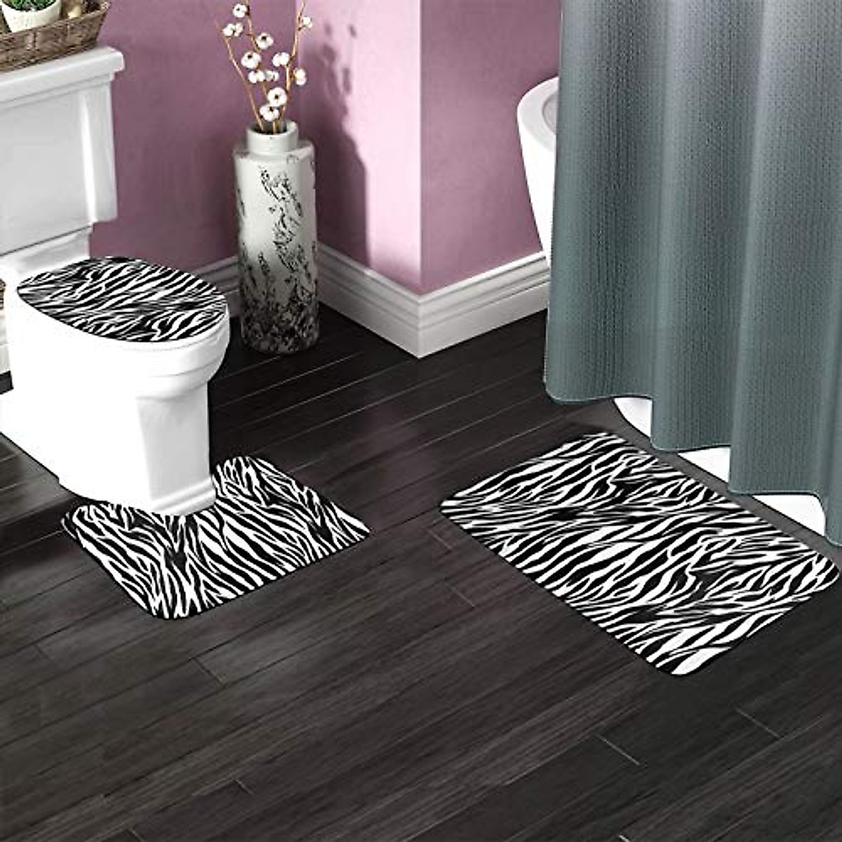 KiOrPeel Zebra Print Bathroom Rugs Set Bath Mat 3 Piece Set Anti-Slip Absorbent, for Bathroom Toilet Living Room Home Decor, One Size