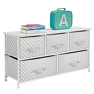 mDesign 21.65" High Steel Frame/Wood Top Storage Dresser Furniture with 5 Fabric Drawers, Wide Bureau Organizer for for Baby, Kid, and Teen Bedroom, Nursery, Playroom, Dorm - Gray/White Polka Dot