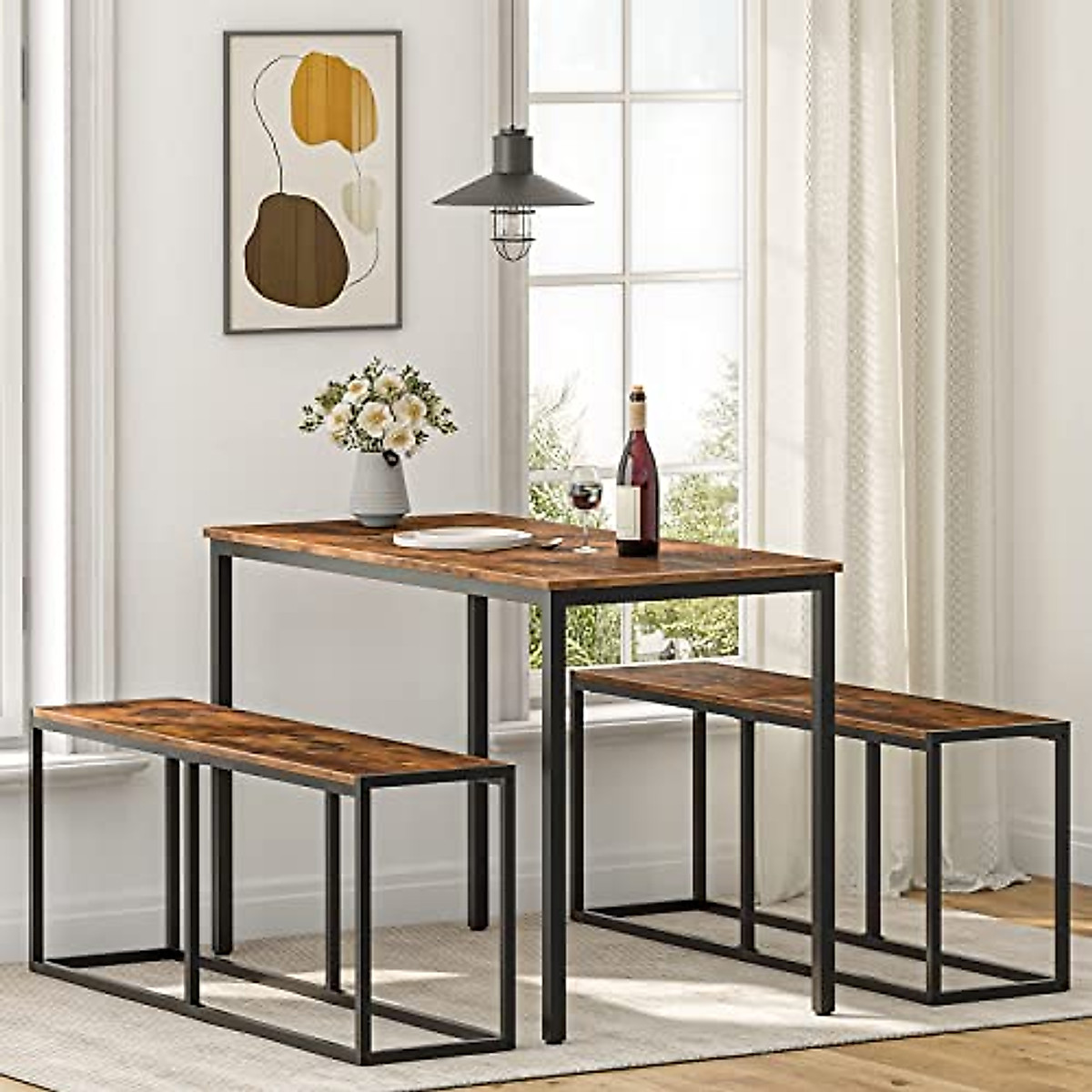 HOOBRO Dining Bench, 47.2 Inch Table Bench, Industrial Style Kitchen Bench, Steel Frame, Easy to Assemble, for Kitchen, Dining Room, Rustic Brown and Black BF12CD01