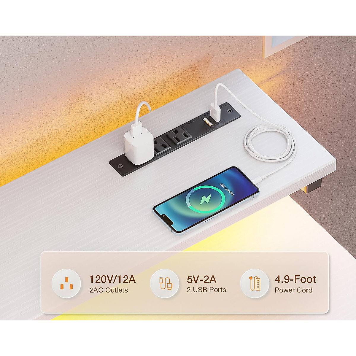 ODK 48 Inch Computer Desk with 3 Drawers and USB Power Outlets, Home Office Desks with LED Lights and Adjustable Monitor Stand, Work from Home, Modern Work/Writing/Study Table for Bedroom, White