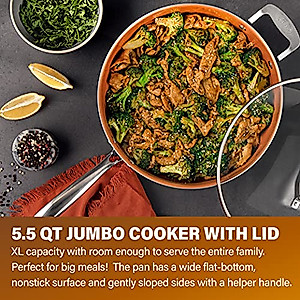 Gotham Steel Nonstick Sauté – 5.5 Quart. Multipurpose Ceramic Jumbo Cooker Fry Pan with Glass Lid, Stay Cool + Helper Handle, Oven, Stovetop & Dishwasher Safe, 100% PFOA Free