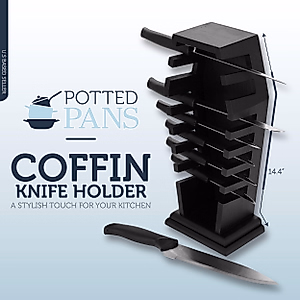 Potted Pans Gothic Kitchen Coffin Knife Holder - Spooky 7 Blade Goth Kitchen Decor Knife Storage - Gothic Oddities Wood Coffin Halloween Kitchenware Counter Accessory Steak Knife Organizer