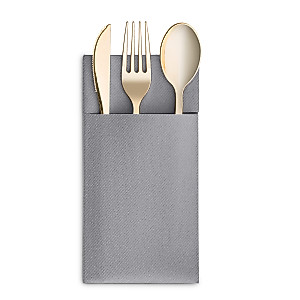 50-Pack Disposable Linen-Feel Dinner Napkins with Built-in Flatware Pocket, GRAY Prefolded Cloth Like Paper Napkins For Dinner, Wedding Or Party [Silverware NOT Included]