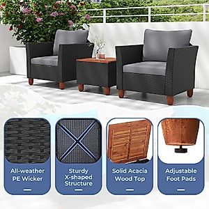 ORALNER 3 Pieces Patio Furniture Set, Outdoor Wicker Conversation Chairs with Cushion, Acacia Coffee Table, Rattan Bistro Set for Balcony Garden Backyard Front Porch Poolside (Grey)