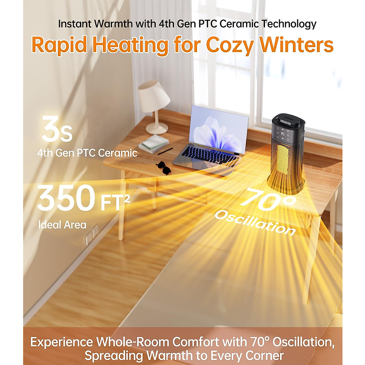 GREENEVER Space Heater Indoor with Humidifier: 2024 Upgraded PTC Electric Heaters for Indoor Use with Thermostat, 1500W Ceramic Heater Fast Heating with Remote, Oscillation, Timer for Bedroom, Office