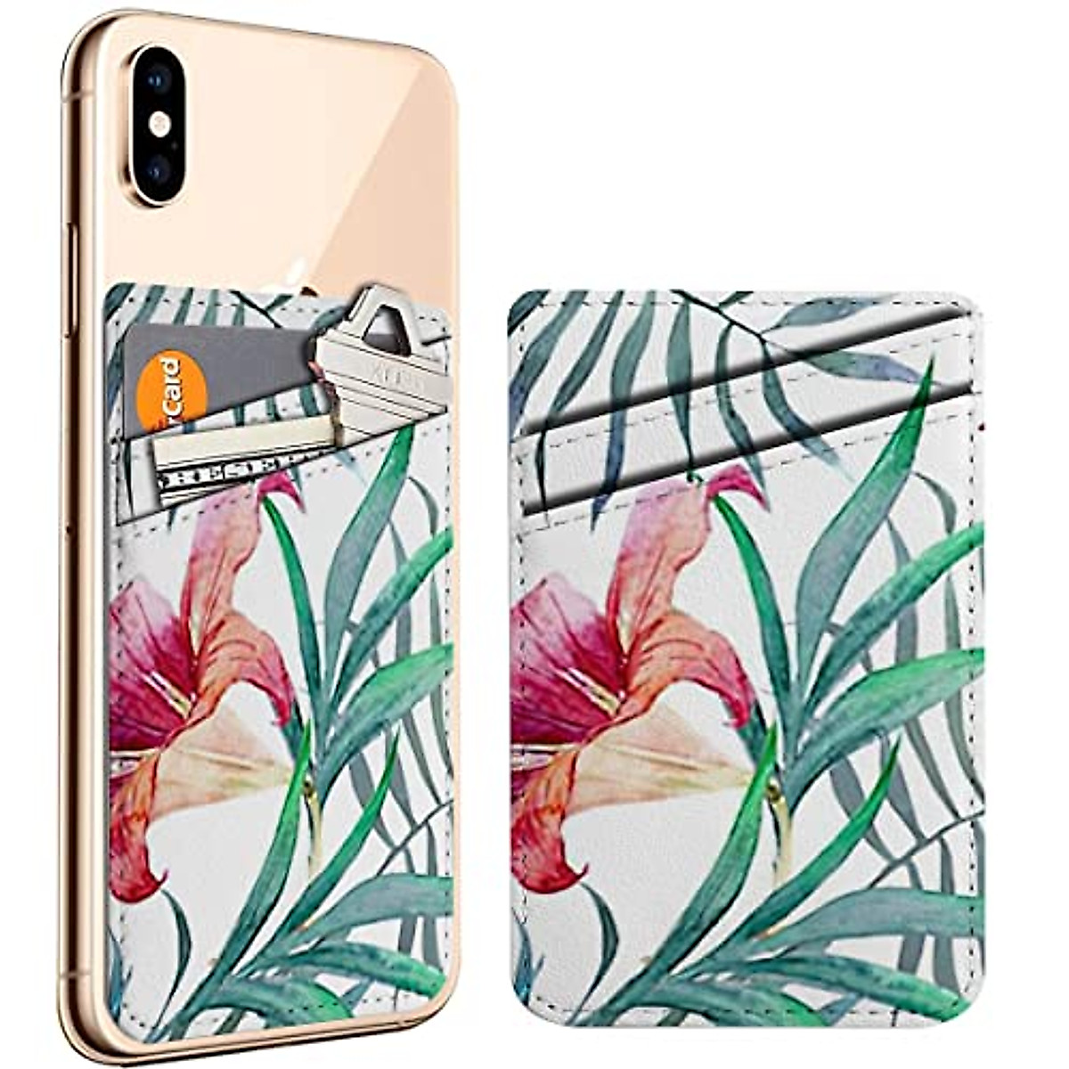 Diascia Pack of 2 - Cellphone Stick on Leather Cardholder ( Flowers Watercolor Lily Tropical Pattern Pattern ) ID Credit Card Pouch Wallet Pocket Sleeve