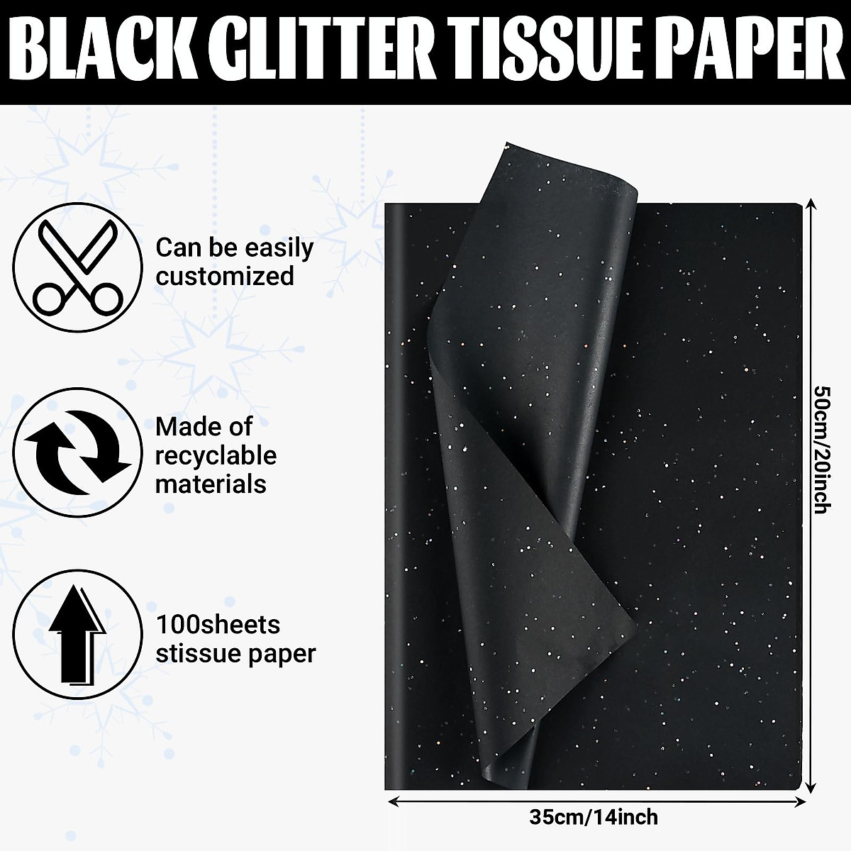 Bolsome 120 Sheets 20 * 14 Inches Black Glitter Tissue Paper for Gift Wrapping, Sparkle Tissue Paper for Gift Bags for Birthday Wedding Christmas DIY Crafts