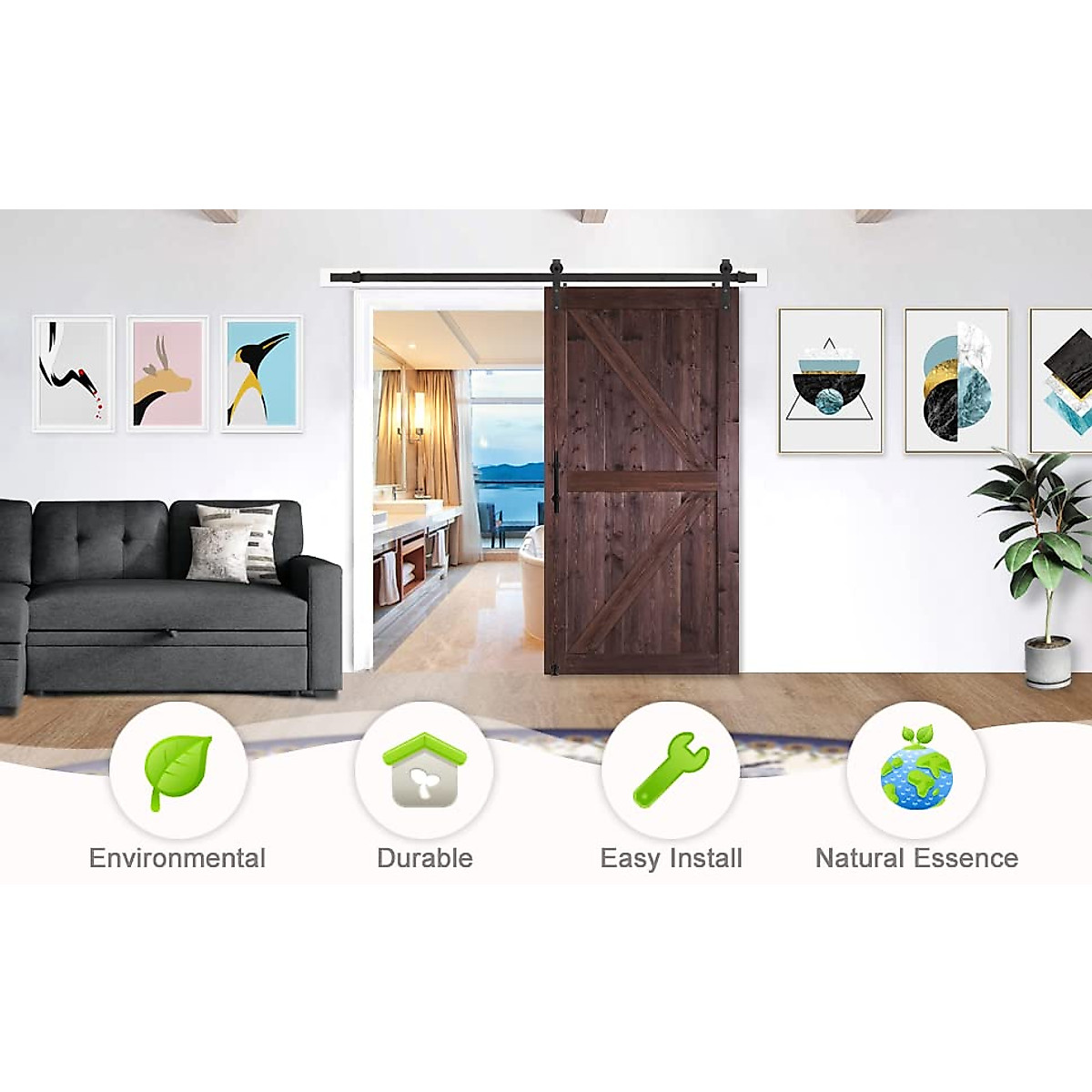 S&Z TOPHAND® 36 in x 84 in Brown British Brace Knotty Barn Door with 6.6FT Sliding Door Hardware Kit/Double -Sided Door Handle/Solid Wood/Double Surfaces/Simple Assembly is Required