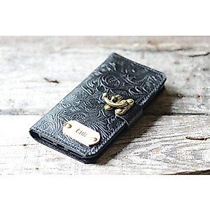 Handmade Genuine Leather Wallet Case For Iphone 14 Pro Max 13 mini Case Leather Case For Iphone 14 plus 14 pro 13 12 11 With Wristlet BLACK Pattern