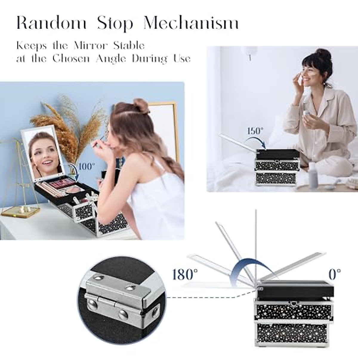 Joligrace Makeup Train Case Portable Cosmetic Box 2 Trays with Mirror Lockable for Makeup Nail Tech and Beauticians Traveling Makeup Storage Organizer - Black Star