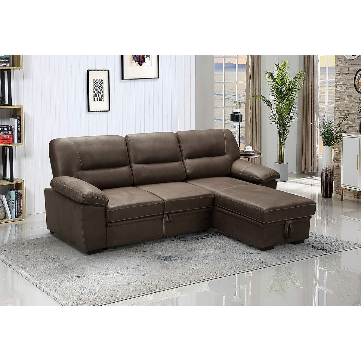 Lilola Home Kipling 99" W Saddle Brown Microfiber Reversible Sleeper Sectional Sofa Chaise