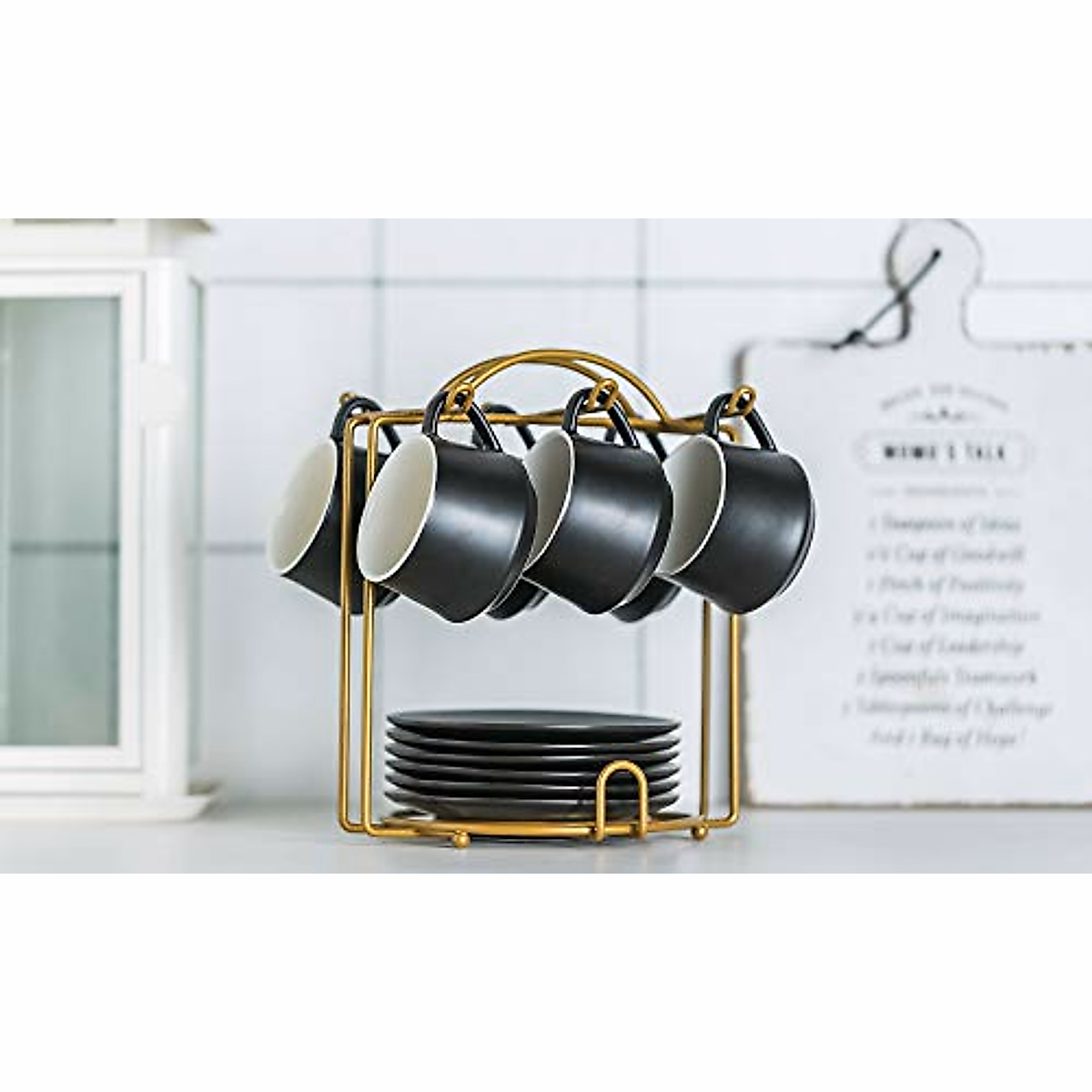 YHOSSEUN Coffee Cup Set Espresso Cups with Saucers Set with Cup Holder 4 oz Espresso Cup Set of 6 - Demitasse Cups Black