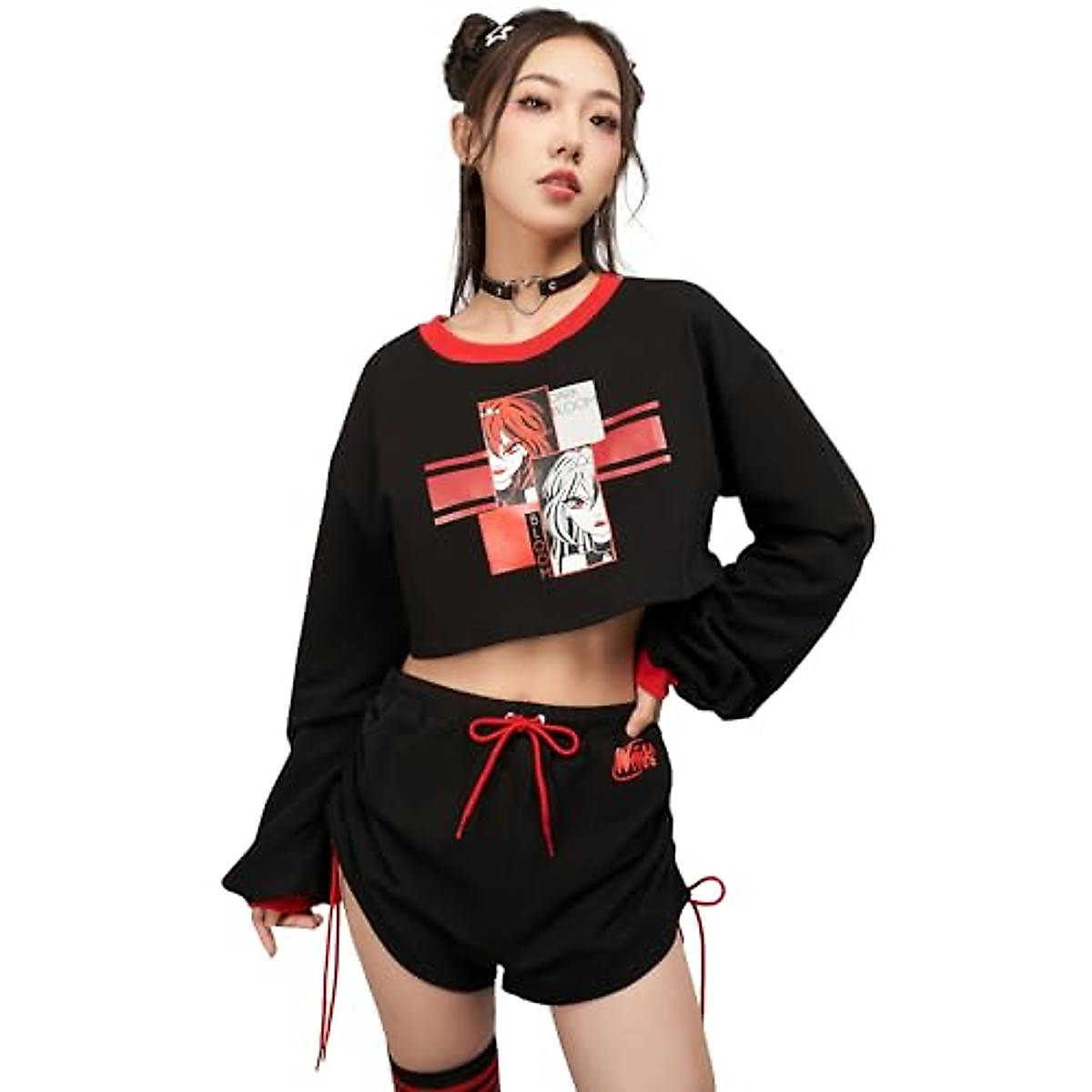 Winx Club Women's Dark Bloom Long-sleeves Blouser and Shorts Loungewear Two-Piece Pajamas Set Sleepwear (Large) Black