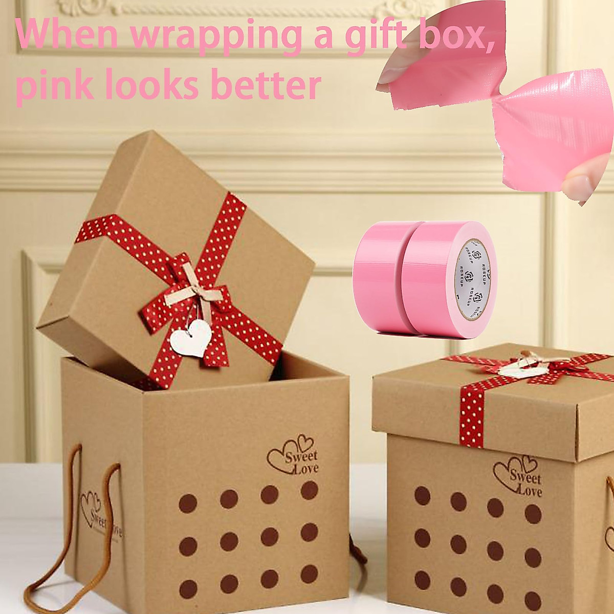 ROSEUP 2 Pack Duct Tape Heavy Duty,7.5 Mil Thickness,2 Inches x 30 Yards,Flexible,No Residue,Waterproof and Tear by Hand,Multi-Use for Indoor & Outdoor, Pink