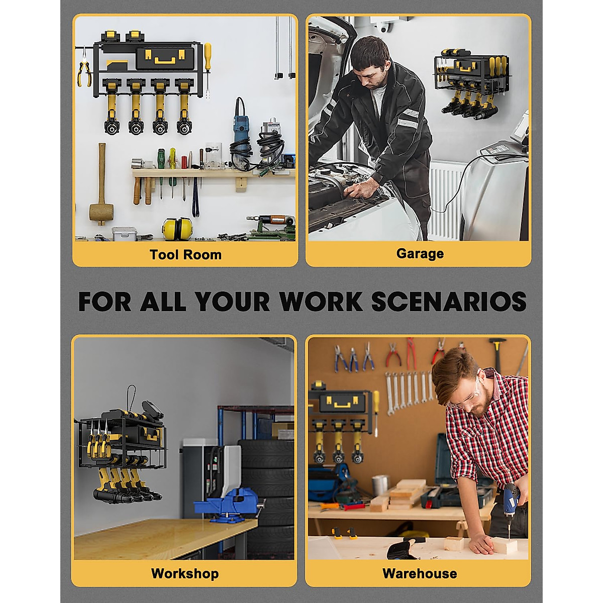 Wall Mount Power Tool Organizer and Charging Station - 6 AC Outlets, 3 Layers for Drills, Great as Heavy Duty Garage Tool Rack