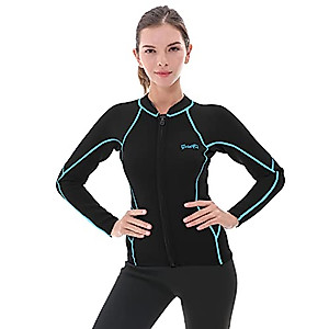GoldFin Womens Wetsuit Top, 2mm Neoprene Wetsuit Jacket Ladies Long Sleeve for Water Aerobics Diving Surfing Kayaking (Update Black/Stripes, M)