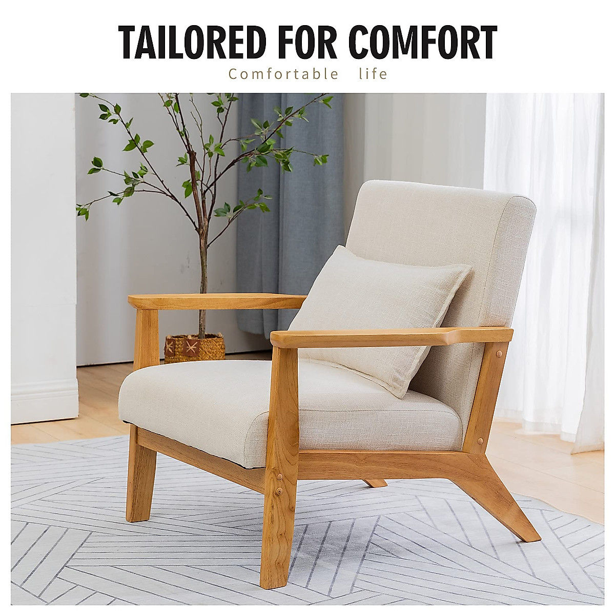 UNICOO - Mid-Century Modern Accent Chair, Fabric Reading Armchair, Easy Assembly, Lounge Chair for Living Room Bedroom (U202-1 Nature + Beige)