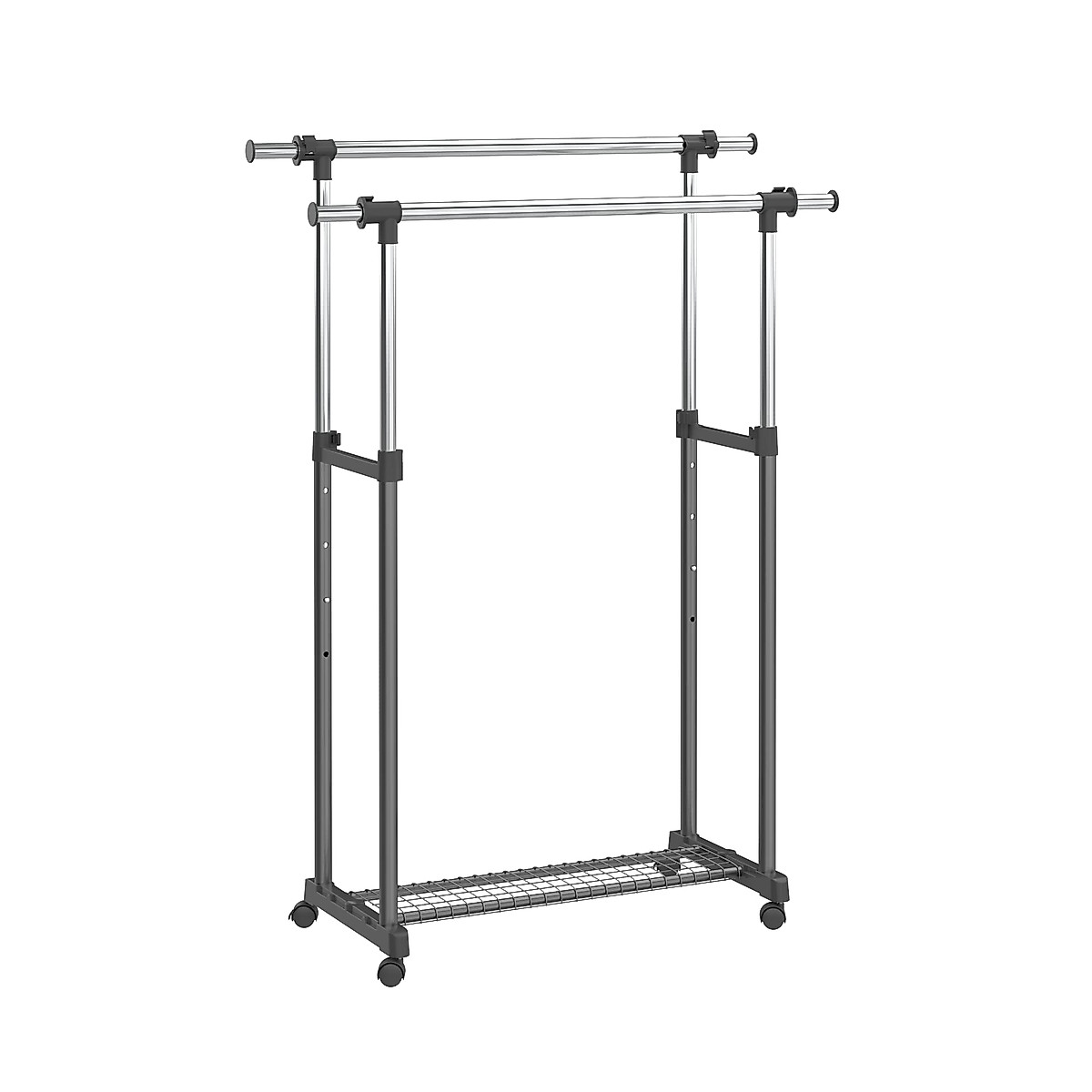 ClosetMaid Double Rail Portable Rolling Garment Rack with Shoe Shelf, Adjustable Rod Width and Height, Black/Chrome