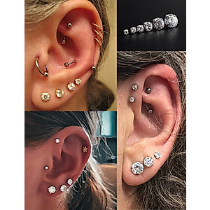 Cisyozi 18G Flat Back Stud Earrings for Women Men 316L Silver Stainless Surgical Steel Diamond Screw Back On Cartilage Helix Tragus Conch Ear Lobe Stud Earrings Set Pack Barbell Piercings Jewelry 6mm