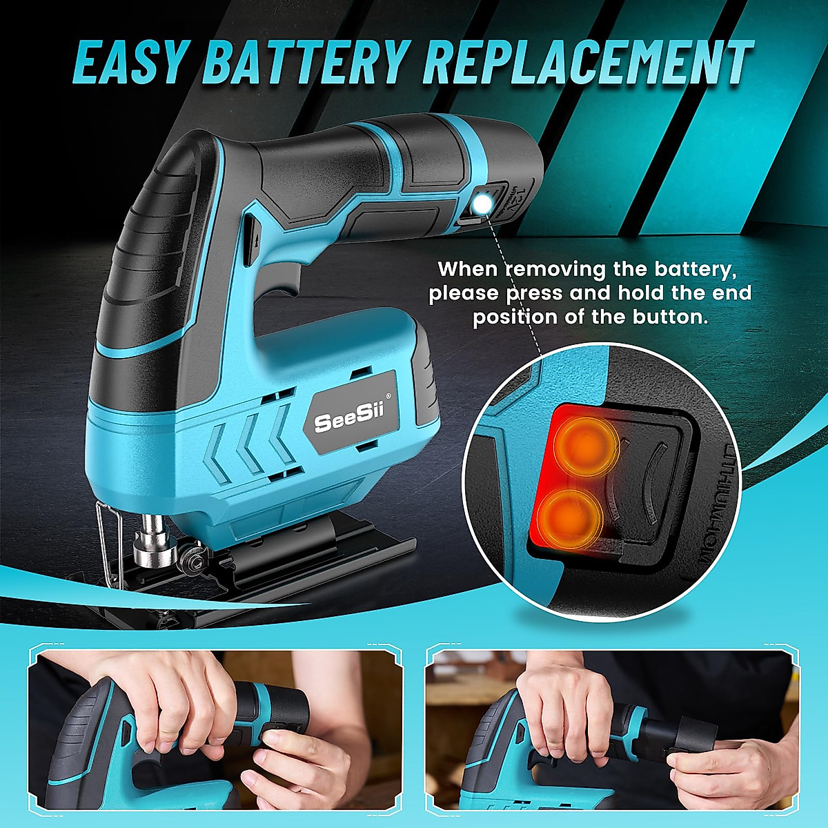 Seesii Cordless Jig Saw, 12V Jigsaw with 2 Lithium Batteries, Charger, and 10PCS Blades, ±45° Bevel Cuts, Variable Speed for Straight, Curve, and Bevel Cutting