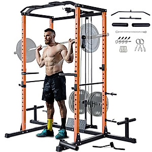 VANSWE Power Cage with LAT Pulldown Attachment, 1200-Pound Capacity Power Rack Full Home Gym Equipment with Multi-Grip Pull-up Bar, Landmine, T bar and Dip Handle (2024 Updated Version) (Orange)