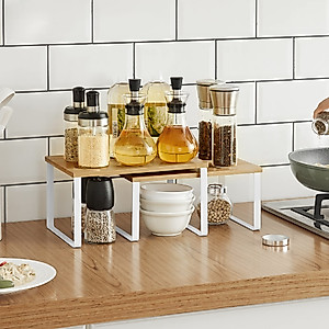 SONGMICS Bamboo Shelf Organizers and Metal Shelf Organizers Bundle, Stackable, Expandable Kitchen Shelves, Silver, Natural and White UKCS01SV and UKCS02NW