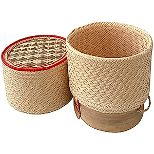 PANWA Bamboo Sticky Rice Serving Basket Handmade 100% Eco-Friendly Thai Kratip Container Prestige Collection Caramel and Natural with Vegetable Plant Based Dye - Food Safe