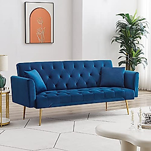Verfur Modern Futon Sofa Bed-Compact Design for Small Spaces-Comfort Convertible Sleeper Loveseat Couch with for Premium Fabric Sofabed, Blue