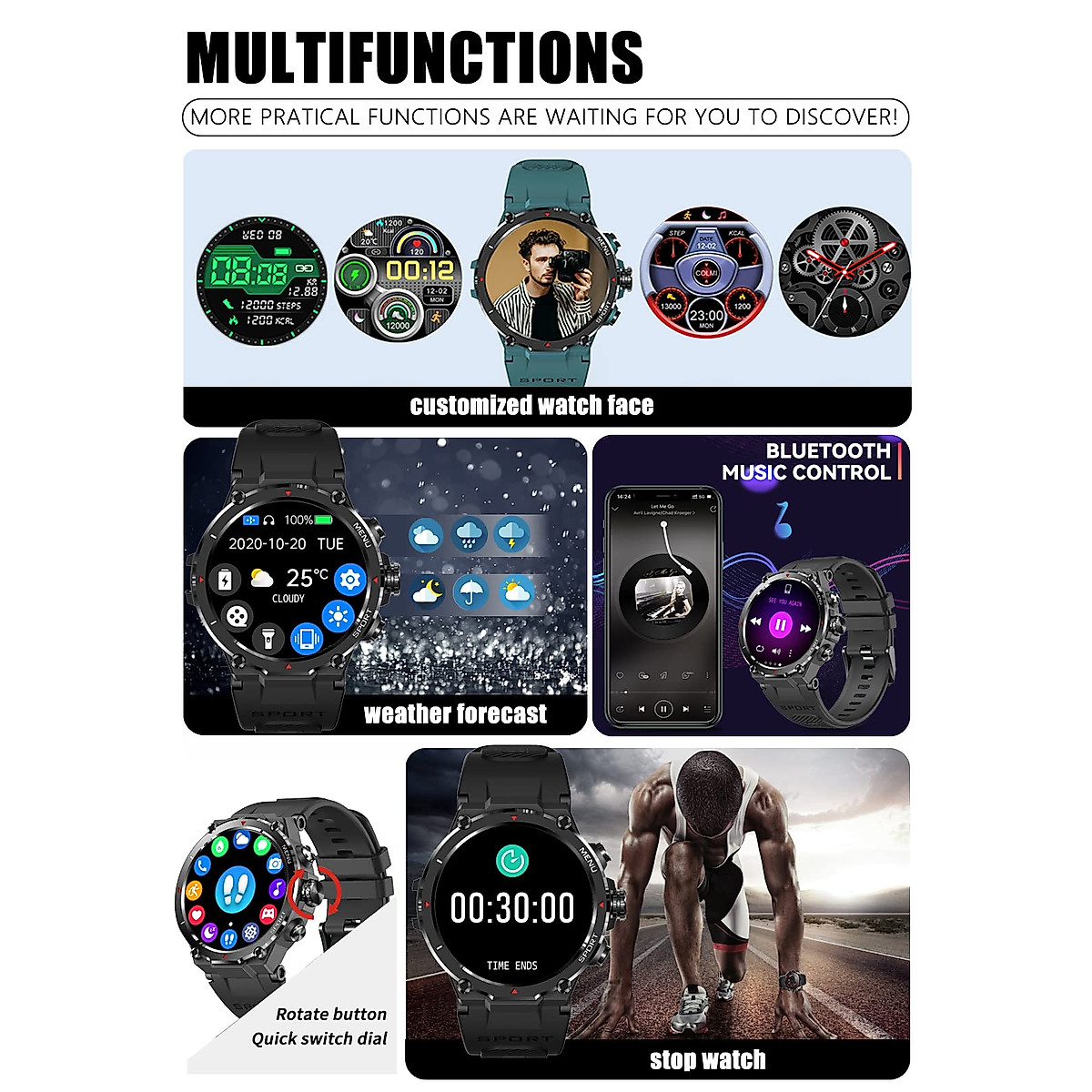 Military Smart Watch for Men Outdoor Rugged Tactical Smartwatch Bluetooth Answer Make Calls 1.32'' HD Fitness Tracker Watch Heart Rate Monitor Sleep Tracker Pedometer for iPhone Android Phones