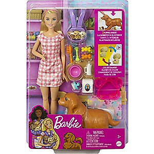 Barbie Doll and Pets, Blonde Doll with Mommy Dog, 3 Newborn Puppies with Color-Change Feature and Pet Accessories