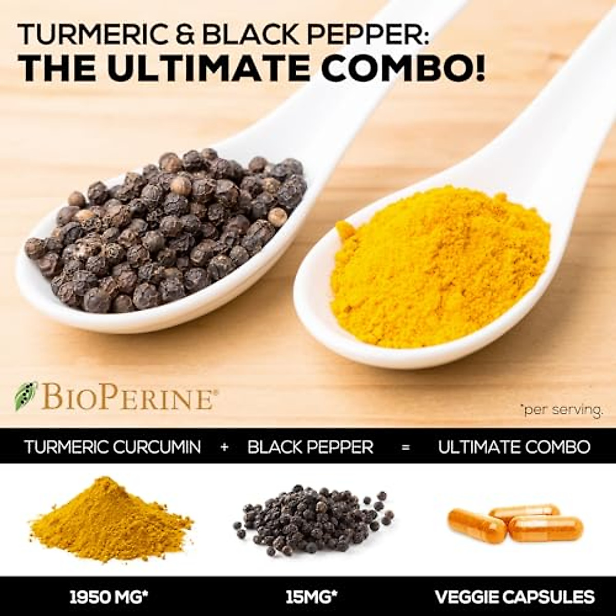 Turmeric Curcumin with BioPerine 95% Standardized Curcuminoids 1950mg - Black Pepper Extract for Max Absorption, Nature's Joint Support Supplement, Herbal Turmeric Pills, Vegan Non-GMO - 180 Capsules