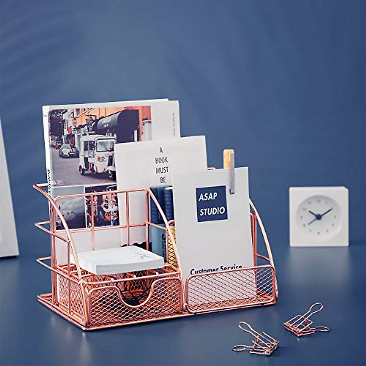 ARTISHION Desk Organizer, Office Supplies Desktop Holder, Metal Mesh Stationary Organizer Rose Gold with Drawer, Pen Pencil Holder for Office, Home, School