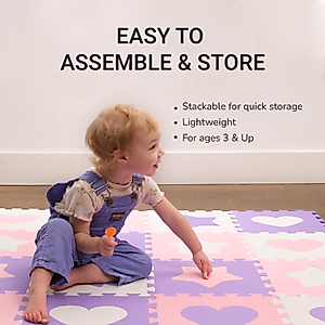 Tadpoles Hearts and Stars Foam Playmats for Kids, 16 Interlocking Foam Tiles, Waterproof, Durable, and Long-lasting | Total Floor Coverage 50” x 50” | For Ages 3 and Up | Pink, Purple, and White
