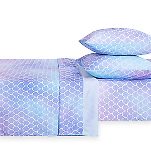 Wake In Cloud - Mermaid Bed Sheets for Girls, 4-Piece Sheets Set Kids, Ocean Mermaids Colorful Scales Pattern Rainbow Sea Soft Lightweight Bedding, Deep Pocket, Purple Blue, Twin Size