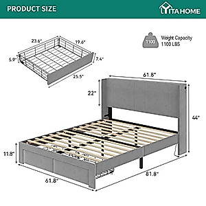 YITAHOME Queen Bed Frame with Storage Drawers, Upholstered Headboard, USB Charging Ports, Wood Slats Support, Grey