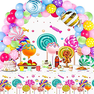 PHOGARY Sweet Candyland Tablecloth, 3 Pack Candies Theme Plastic Table Cover, Two Sweet Birthday Table Cloths Colorful Lollipop Tablecovers for Girls Party Candy Land Christmas Party Decoration