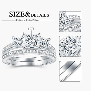 Princess Cut Wedding Ring Set for Women Platinum Plated Silver 3 Stone Moissanite Bridal Ring Set Engagement Ring Set White Gold Anniversary Promise Rings for Her with Text Engraving（size 12