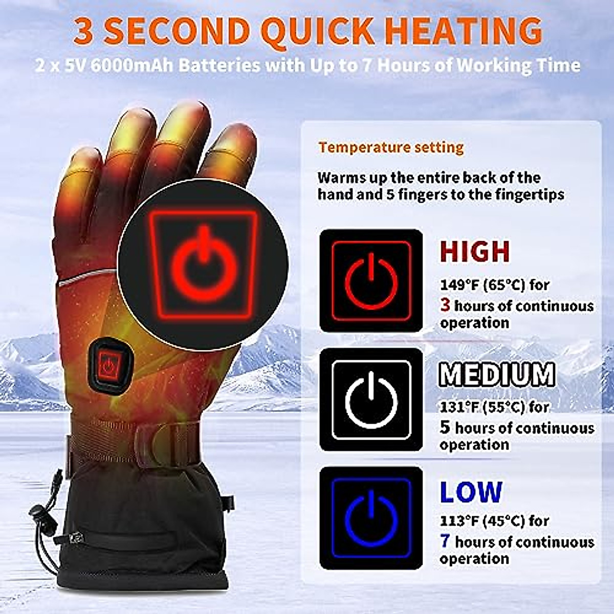 Heated Gloves for Men Women, CARSHAM 6000mAh Rechargeable Battery Heated Motorcycle Gloves, Waterproof & Touchscreen & 3 Temperature Modes, Electric Heating Gloves for Outdoor Sports