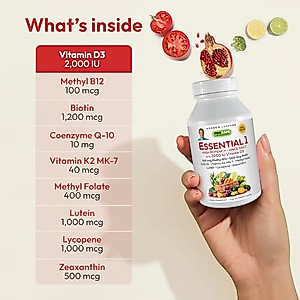 ANDREW LESSMAN Essential-1 Multivitamin 2000 IU Vitamin D3 180 Small Capsules – 100 mcg Methyl B12. CoQ10 Lutein Lycopene Zeaxanthin. High Potency. No Additives. Gentle Ultra-Mild. One Daily Capsule