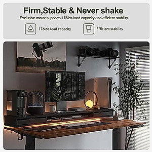 BANTI 55" × 26" Electric Standing Desk with Monitor Stand, Height Adjustable Table with LED Strips, Ergonomic Home Office Furniture with 2 Drawers Storage, Black Walnut Top