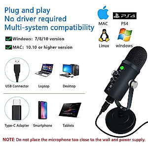 USB Microphone, Condenser Computer Microphone for Streaming, Gaming, YouTube Recording, Plug and Play,Headphone Output and Volume Control,Quick Mute Button,Compatible with Laptop, Phone (Black)