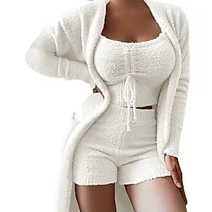 AOHITE Womens Sexy Fuzzy 3 Piece Cardigan Outfits Fleece Warm Crop Top Shorts Pajamas Loungewear Sets White Large